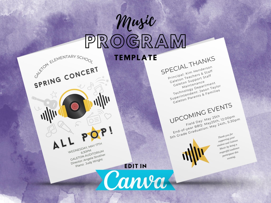 Music Program TEMPLATE, Instant Digital Download, Edit in Canva, Choir ...