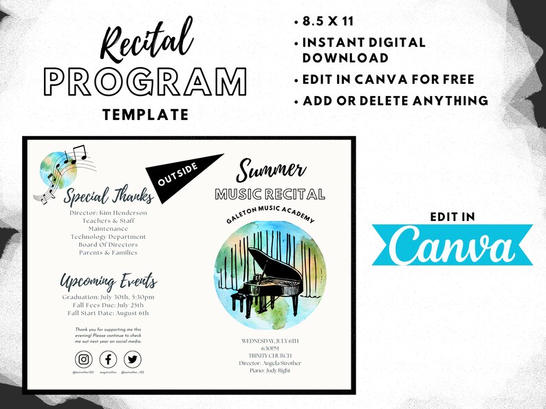 Music Program TEMPLATE, Instant Digital Download, Edit in Canva, Choir ...