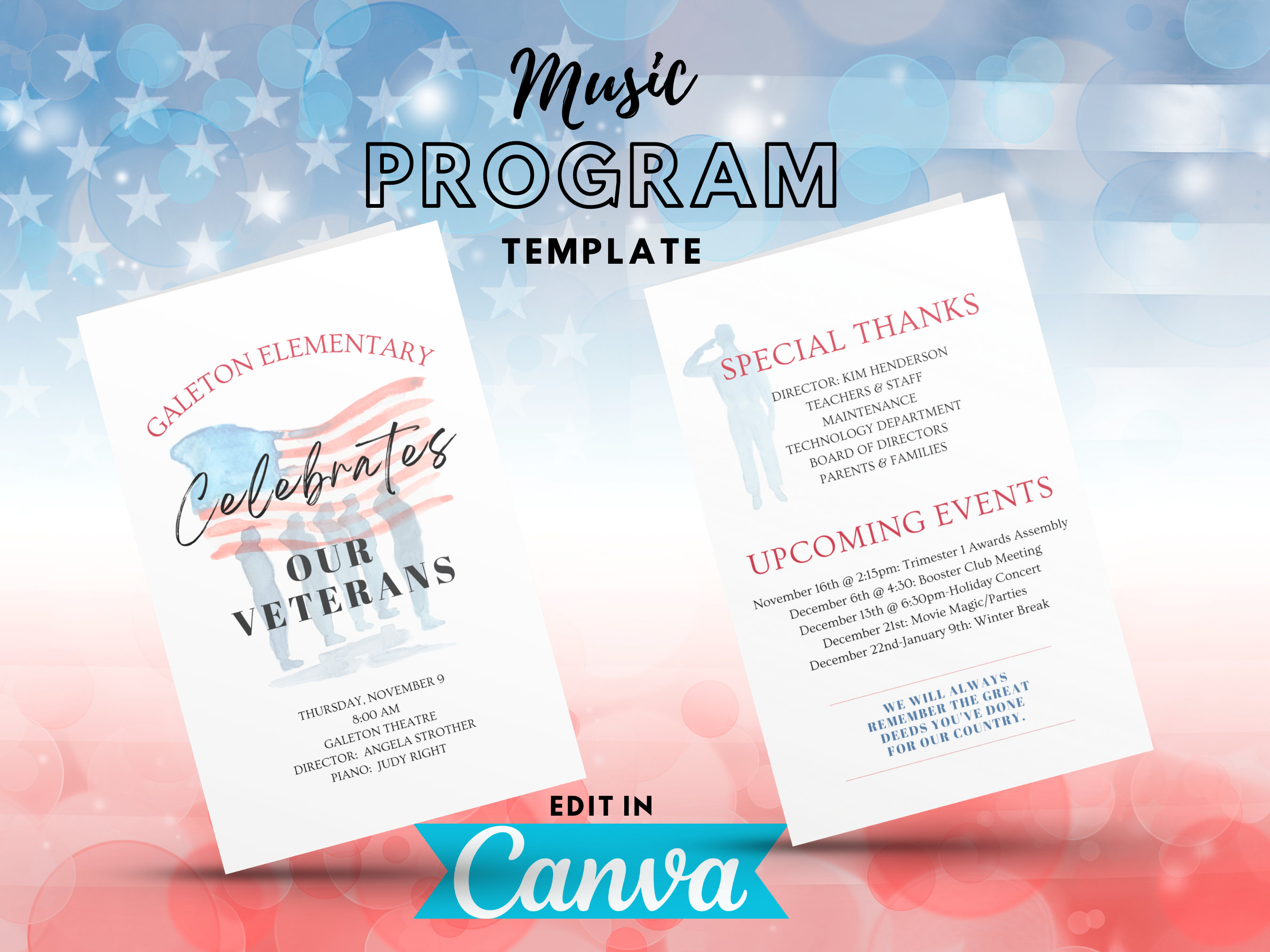 Veterans Day Music Program Template, Canva Editable (digital Download ...