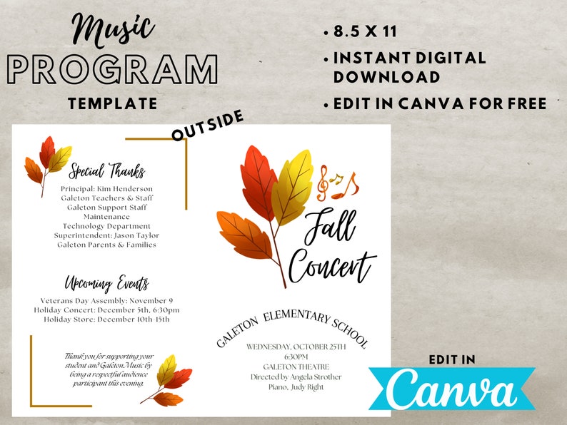 Music Program TEMPLATE, Fall, Instant Digital Download, Edit in Canva ...