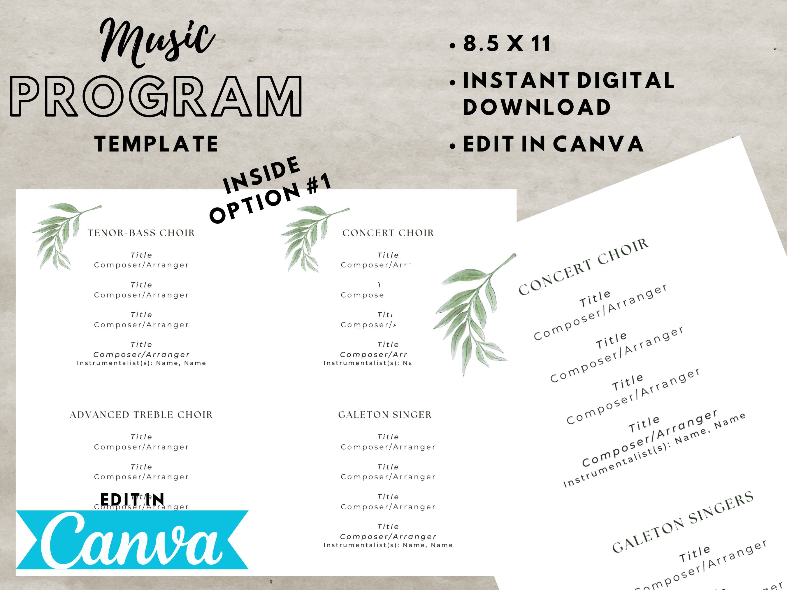 Music Program TEMPLATE, Instant Digital Download, Edit in Canva, Choir ...