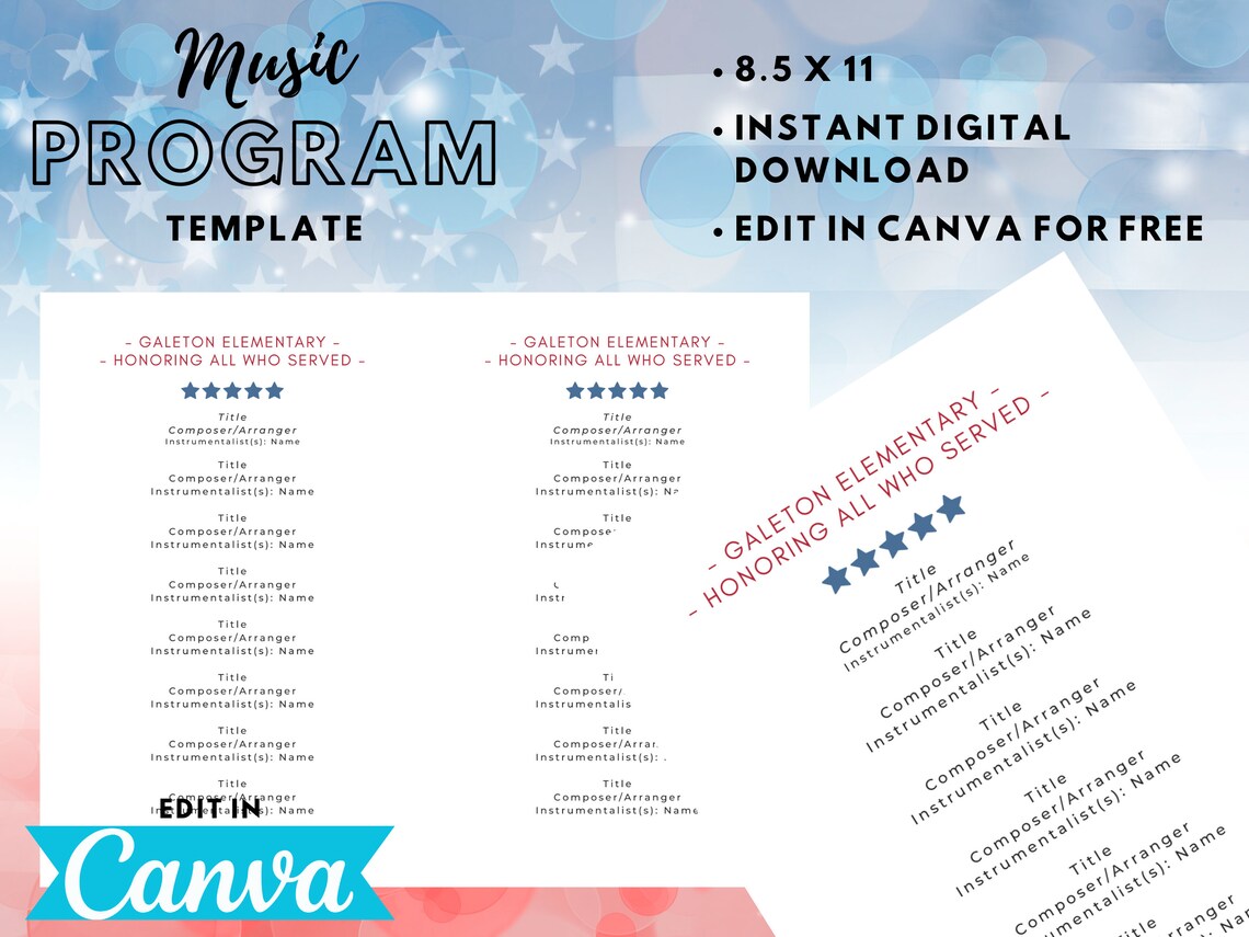 Veterans Day Music Program Template, Canva Editable (digital Download ...
