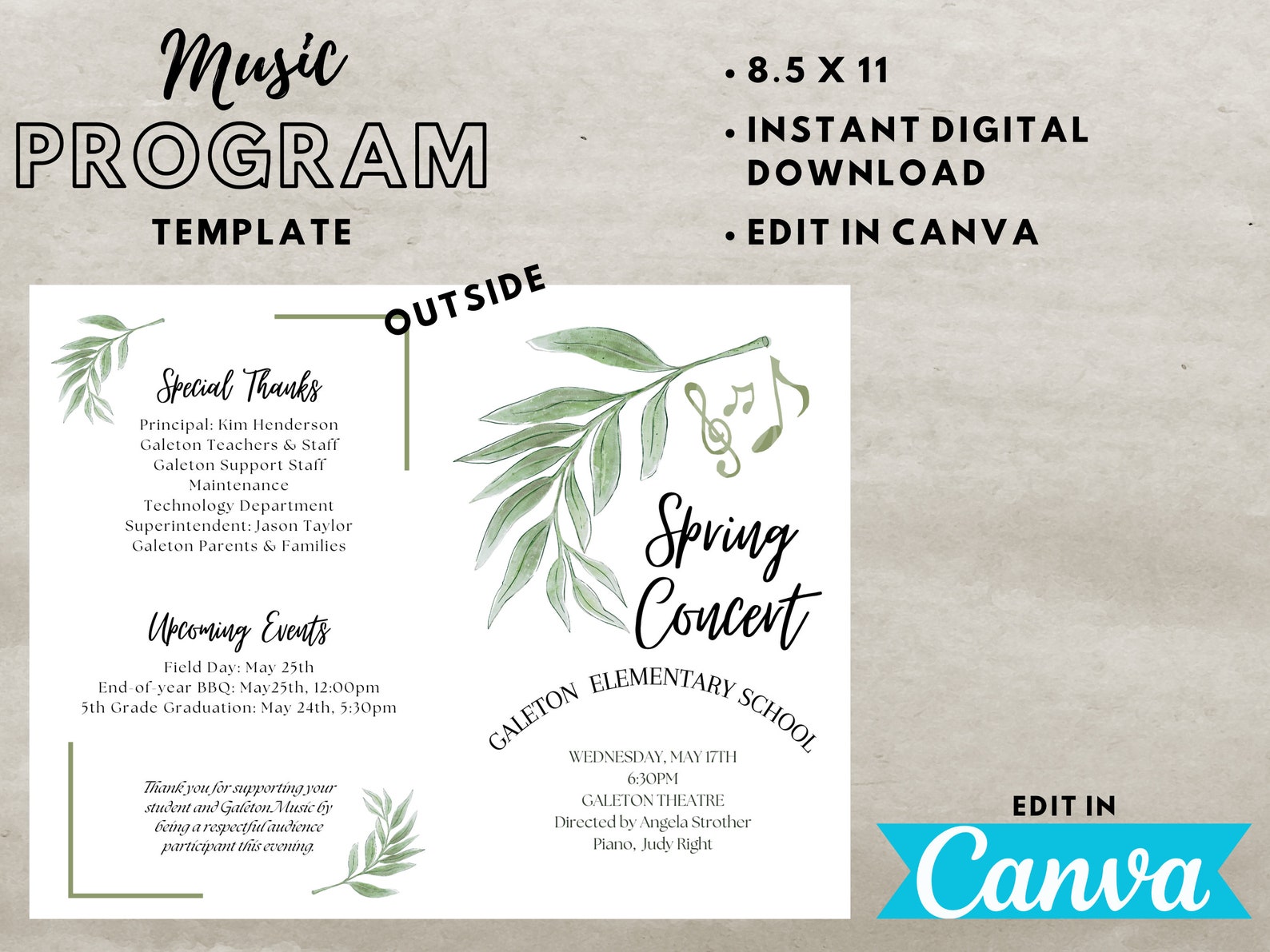 Music Program TEMPLATE, Instant Digital Download, Edit in Canva, Choir ...