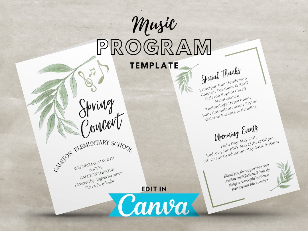 Music Program TEMPLATE, Instant Digital Download, Edit in Canva, Choir ...