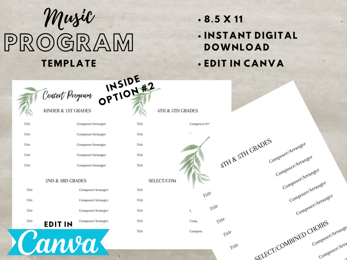 Music Program TEMPLATE, Instant Digital Download, Edit in Canva, Choir ...