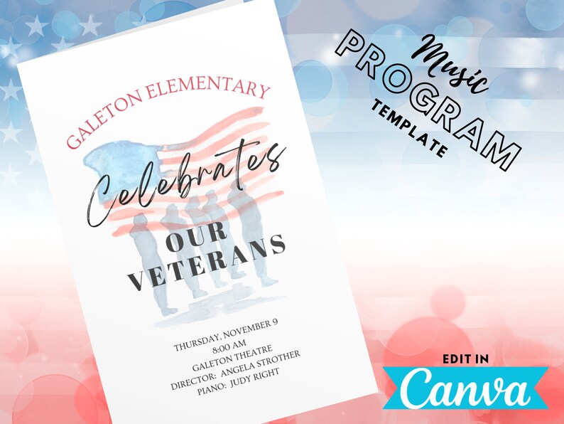 Veterans Day Music Program Template, Canva Editable (digital Download ...