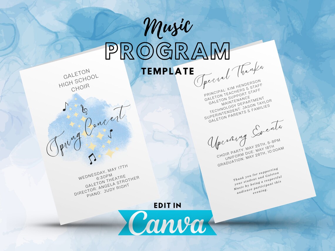 Music Program TEMPLATE, Instant Digital Download, Edit in Canva, Choir ...