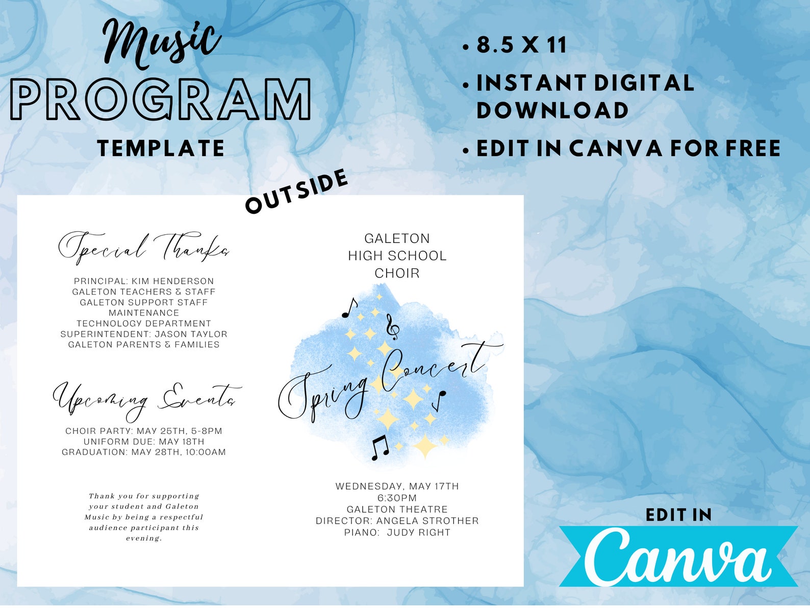 Music Program TEMPLATE, Instant Digital Download, Edit in Canva, Choir ...
