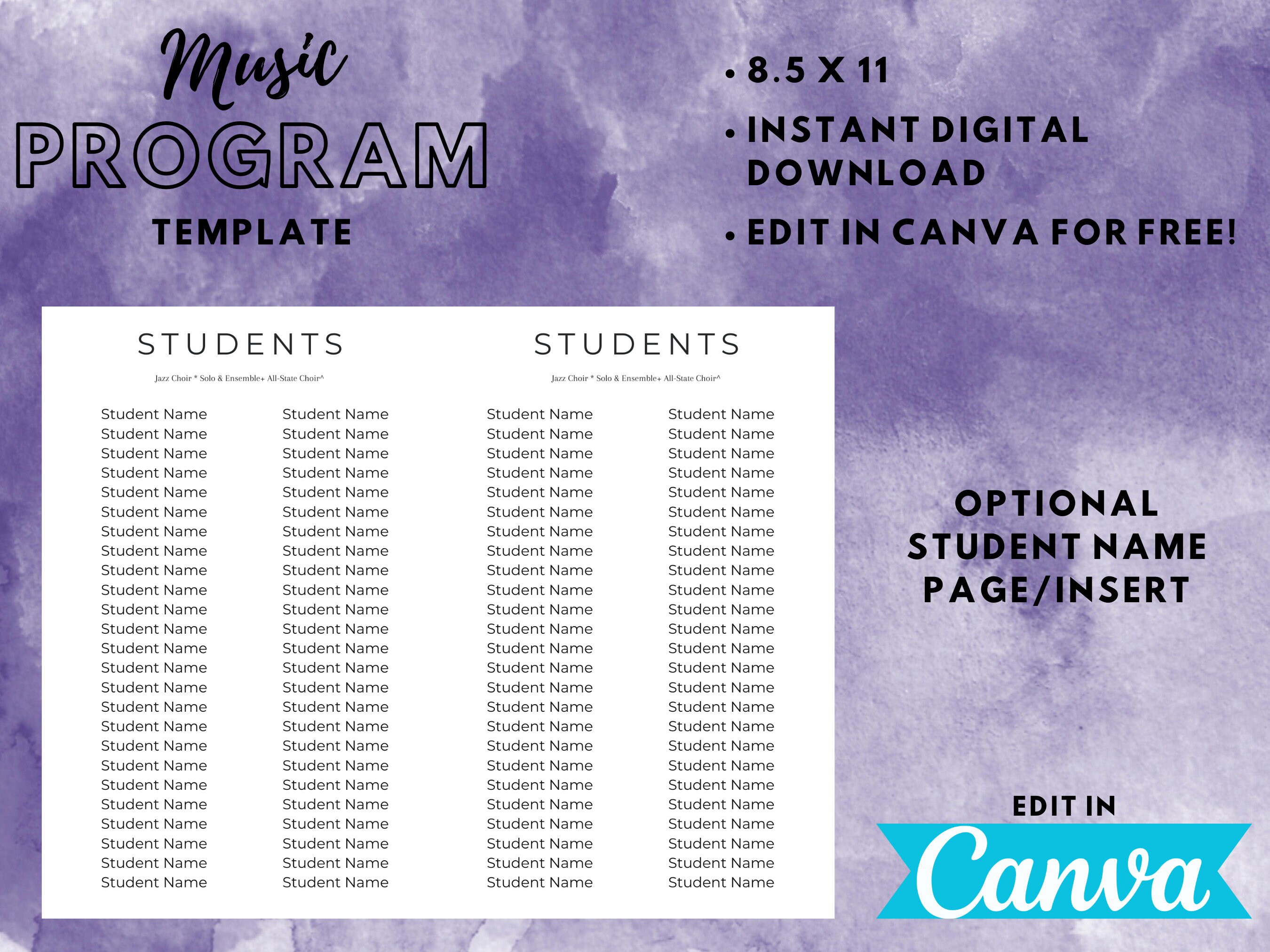Music Program TEMPLATE, Instant Digital Download, Edit in Canva, Choir ...