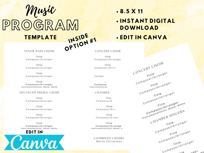 Music Program TEMPLATE, Instant Digital Download, Edit in Canva, Choir ...