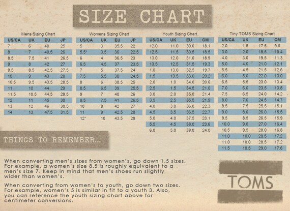 Toms size chart store