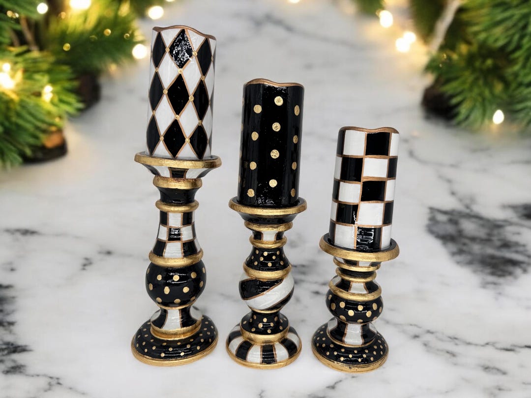 Hand Painted Black and White Check Flameless Candle 5.5” - Etsy