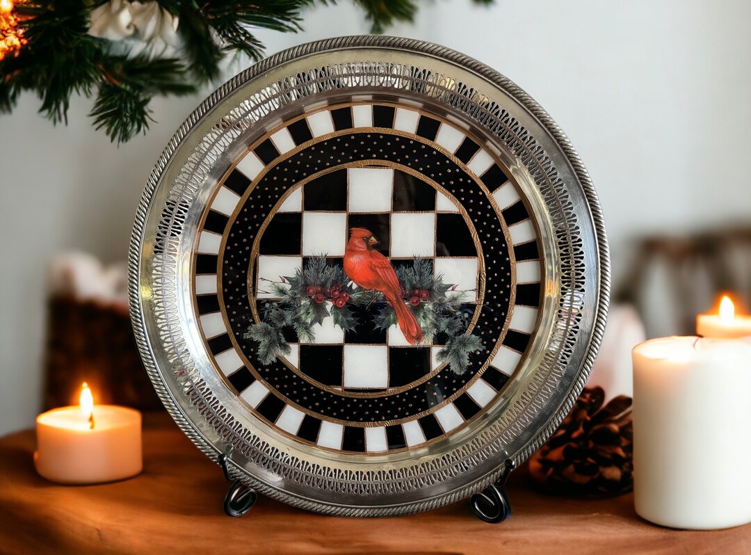 Vintage Silver Plate Tray Black White & Gold Check Tray - Etsy