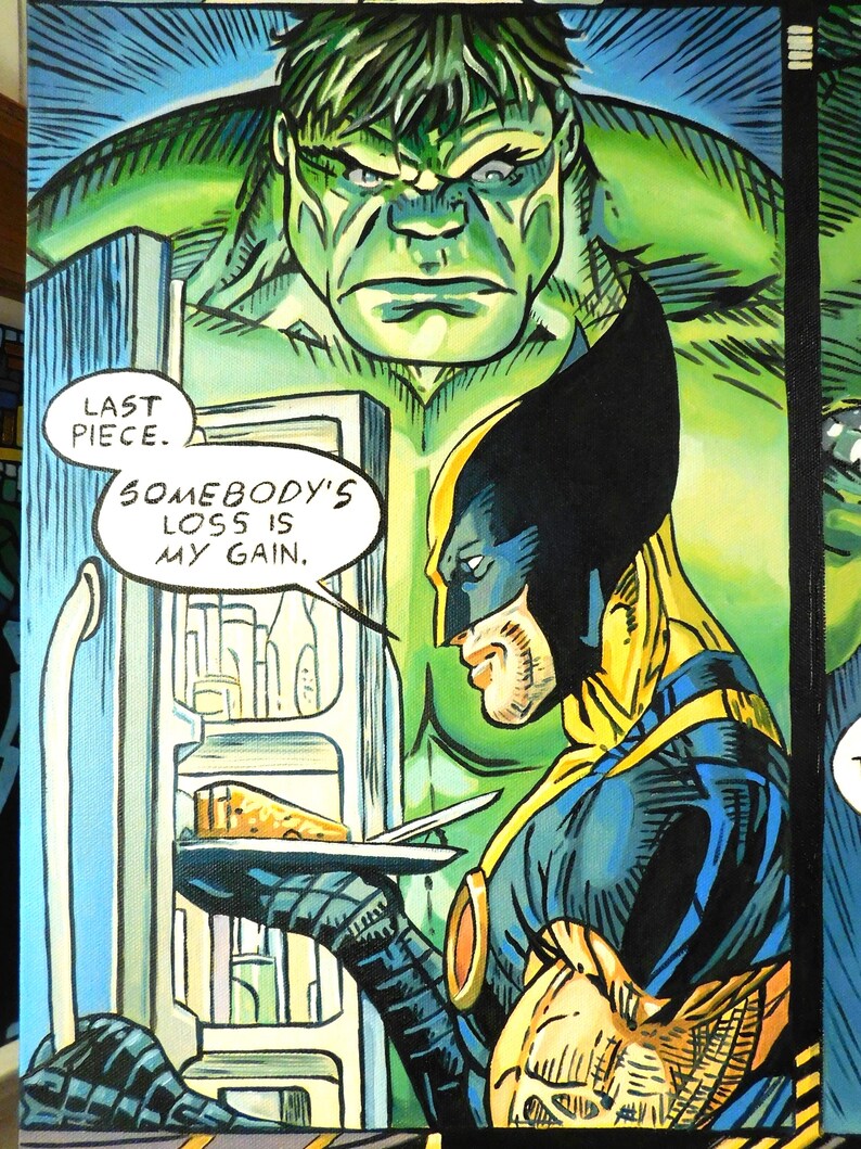 30x48" Funny Hulk Vs. Wolverine Full Comic Panel, One of One Oil ...