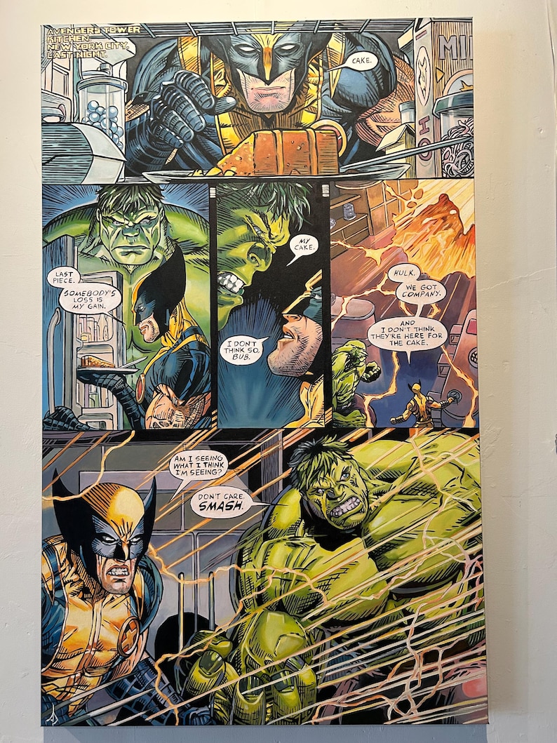 Hulk Vs Wolverine Cake Comic Panel, Original Oil Painting (30x48) - Etsy