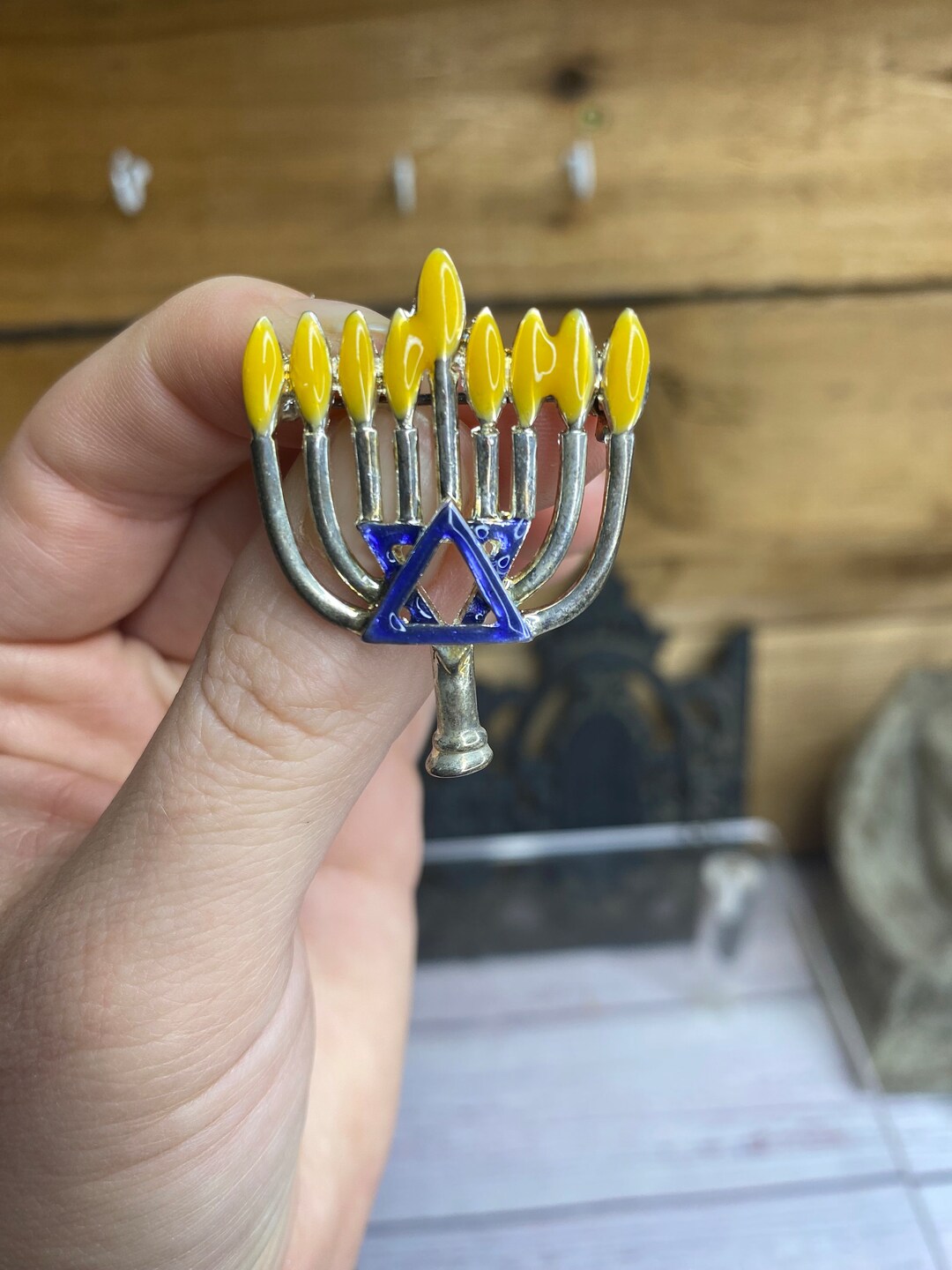 Rhinestone Menorah Hanukkah Brooch Pin Orange 9 Candle Jewelry Goldtone ...