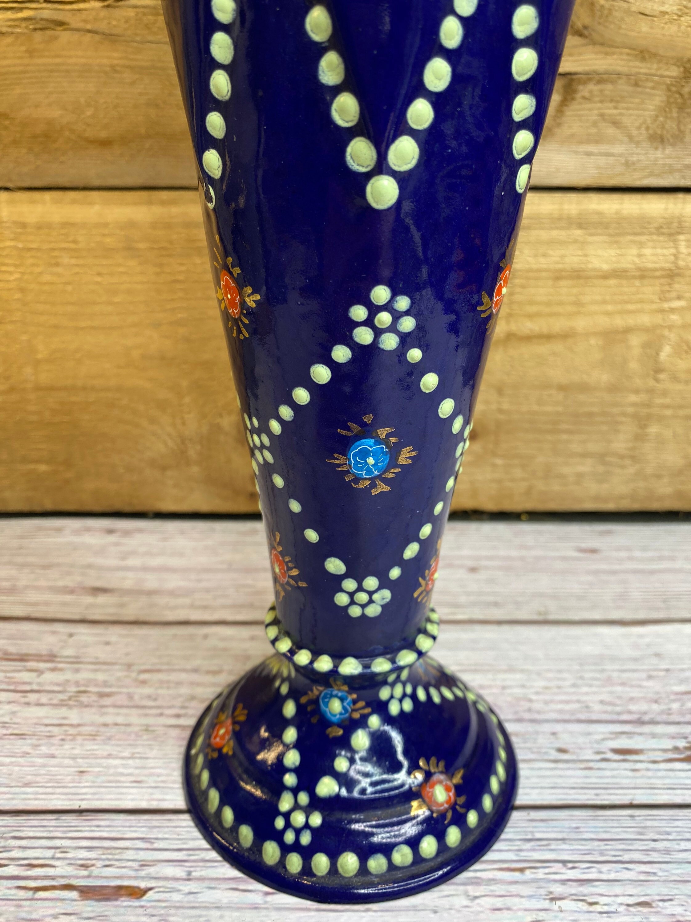 Home Décor Vintage Blue Handpainted tin vase ~ peacock bird floral ...