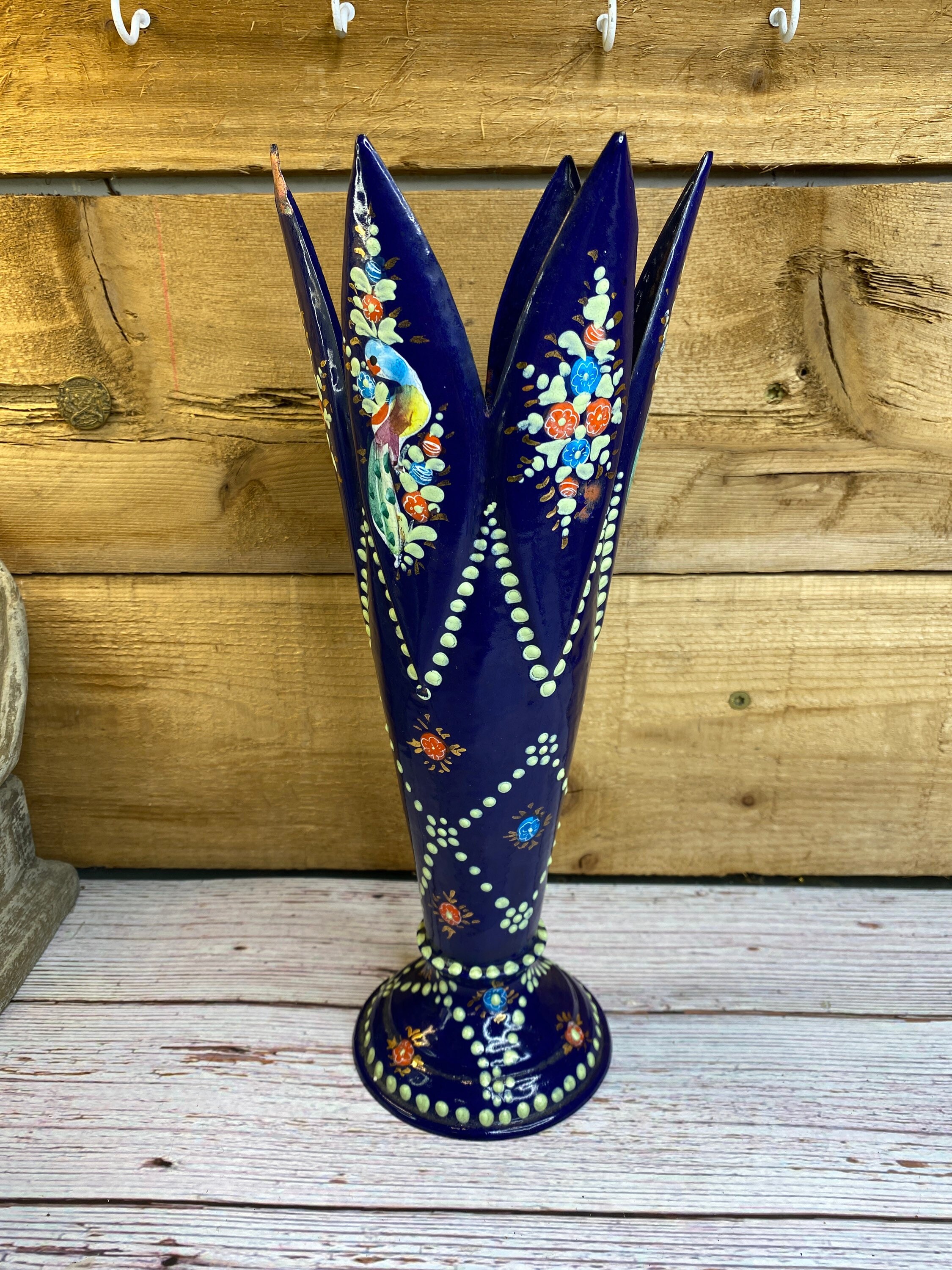 Home Décor Vintage Blue Handpainted tin vase ~ peacock bird floral ...