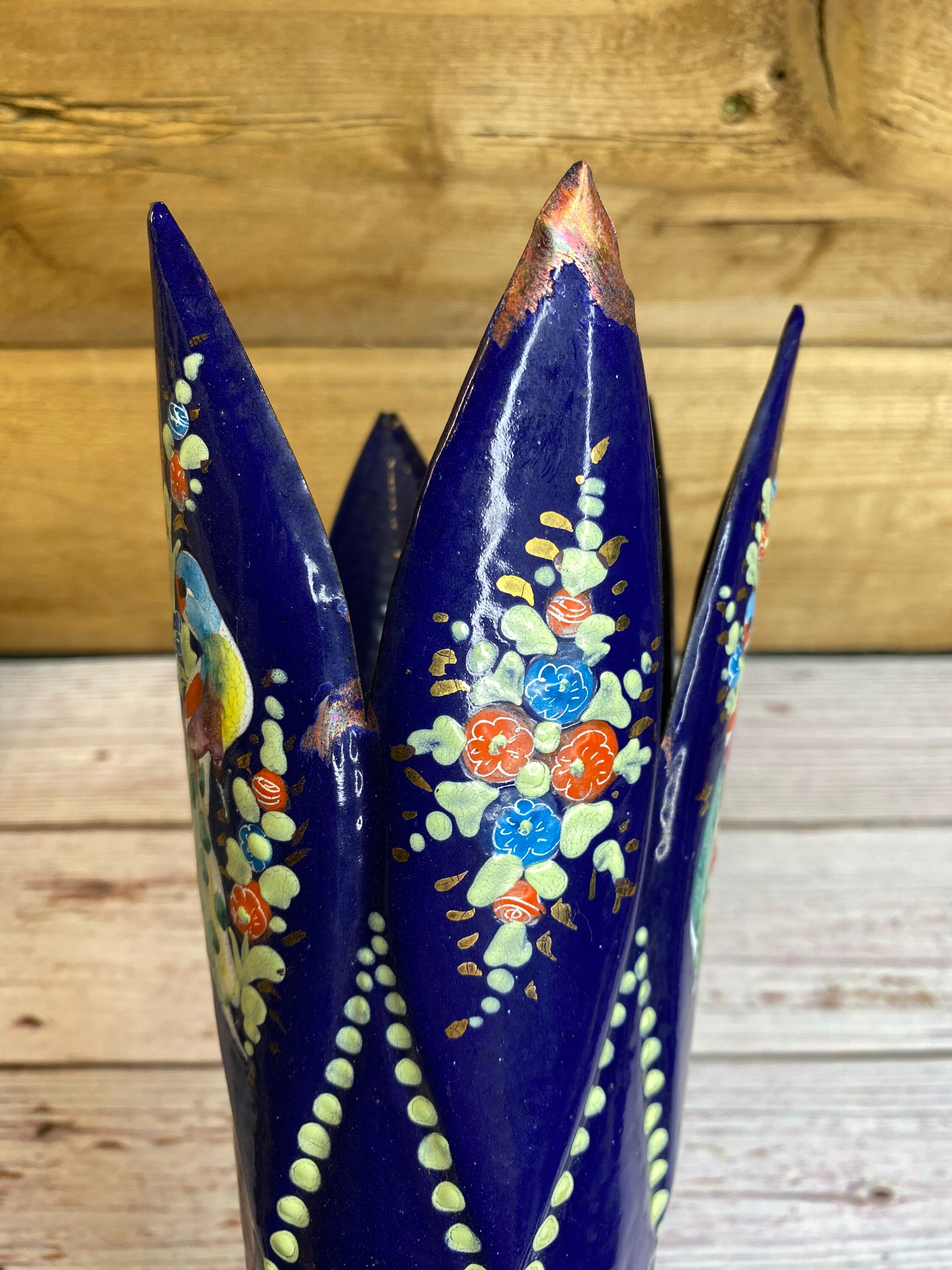Home Décor Vintage Blue Handpainted tin vase ~ peacock bird floral ...