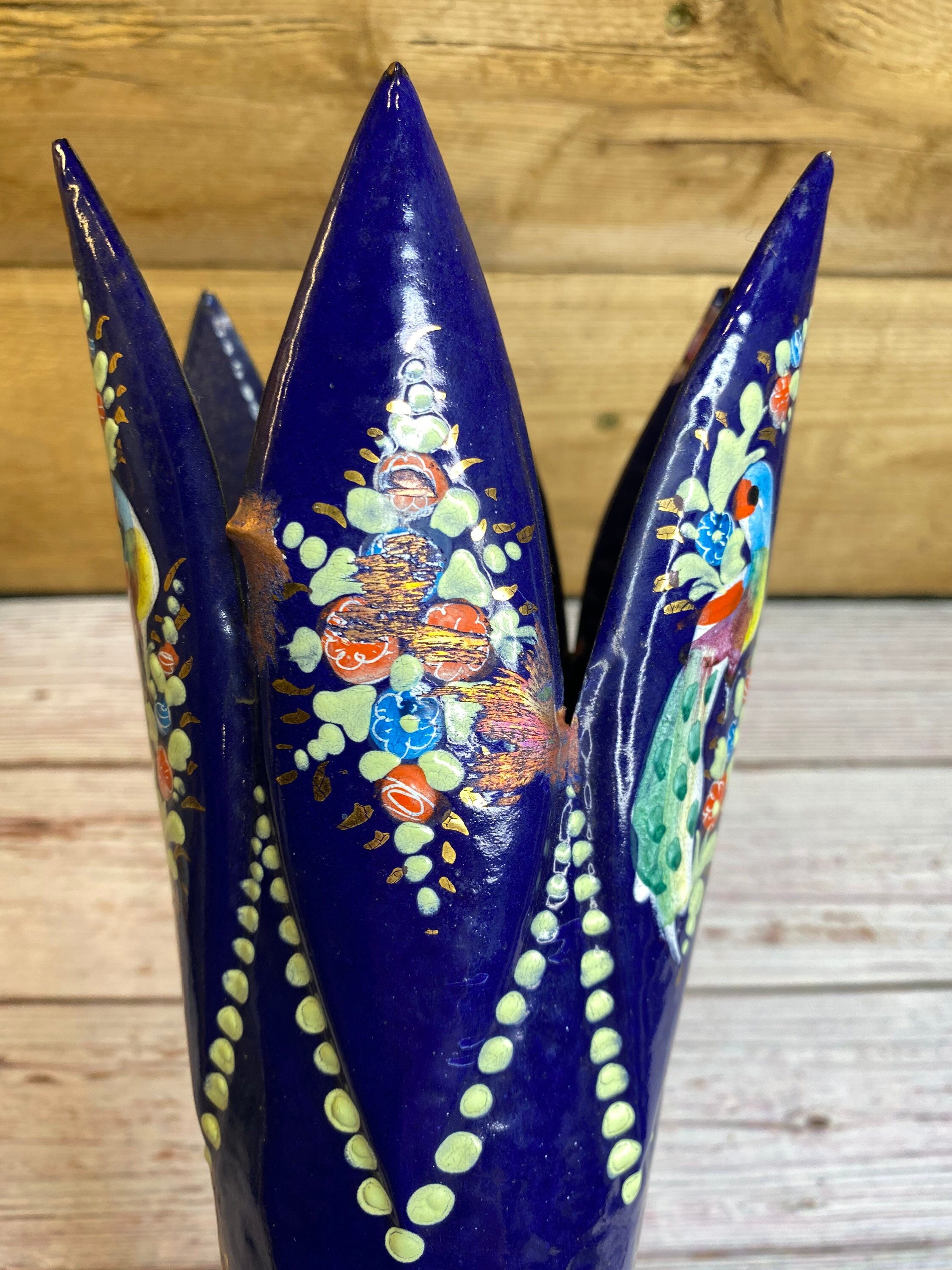 Home Décor Vintage Blue Handpainted tin vase ~ peacock bird floral ...