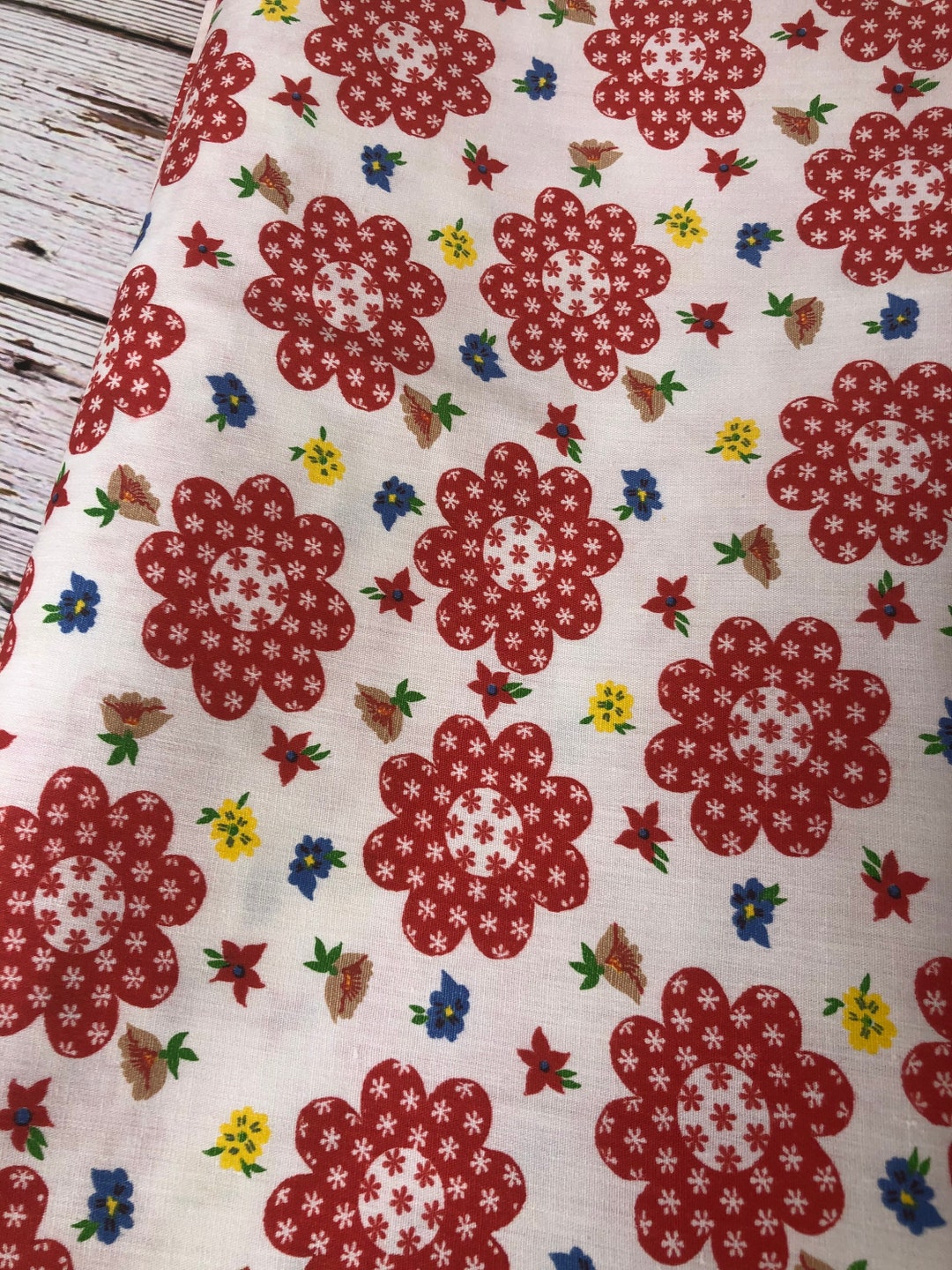 Vintage Red Floral Cotton Fabric 42x65 ~ Blue Yellow Small Flowers Big ...