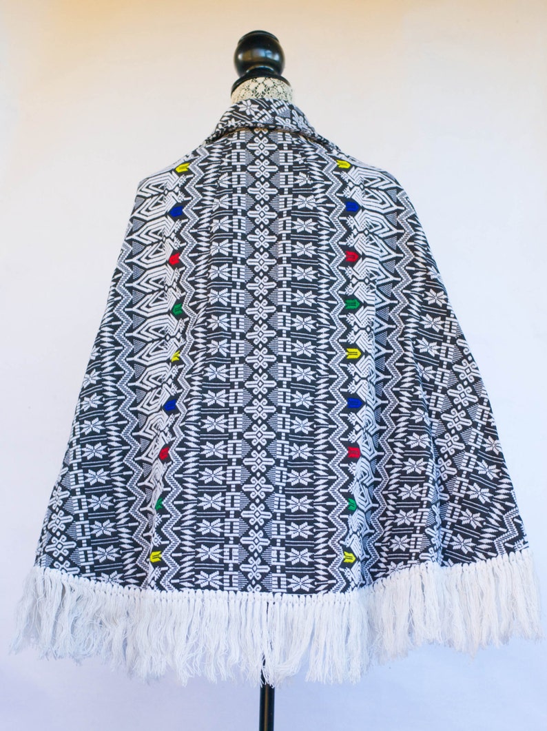 Vintage Black and White Hand-woven Aztec Design Fringed Cape With Tie ...