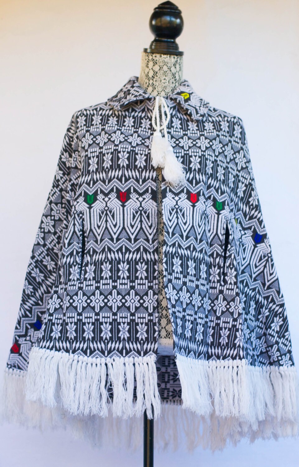 Vintage Black and White Hand-woven Aztec Design Fringed Cape With Tie ...