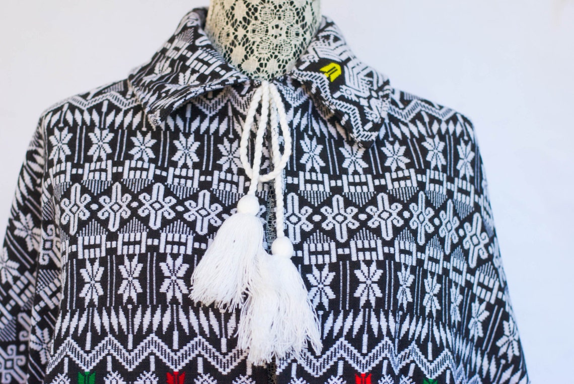 Vintage Black and White Hand-woven Aztec Design Fringed Cape With Tie ...