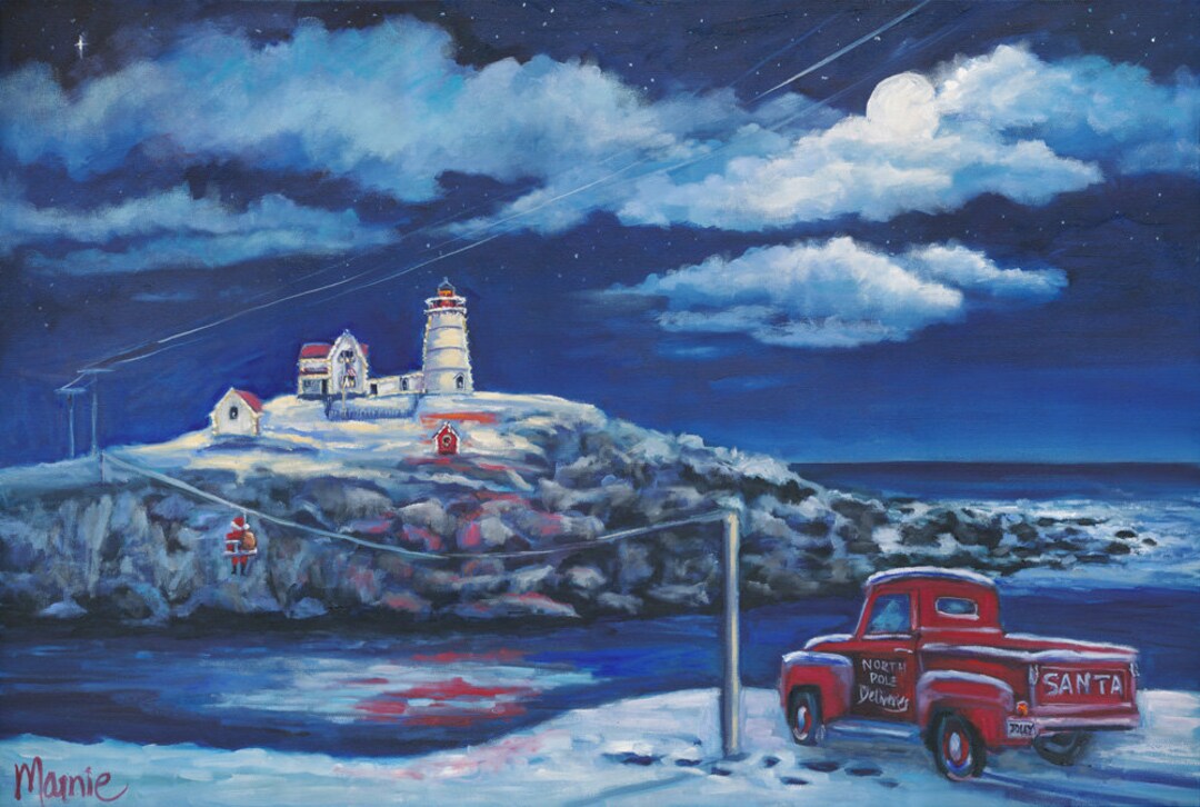 Nubble Lighthouse Painting, Santa's Night Off, Glittering Snowscape Art ...