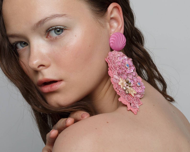 Clip on Pink Earrings With Crystals and Flowers - Etsy