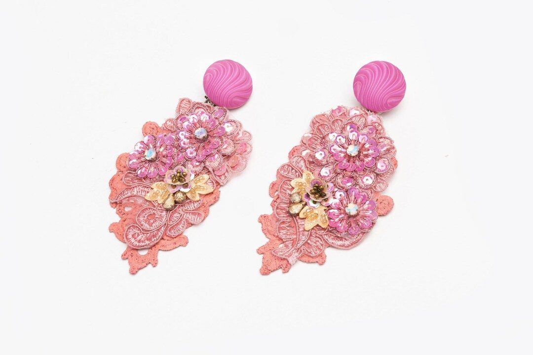 Clip on Pink Earrings With Crystals and Flowers - Etsy