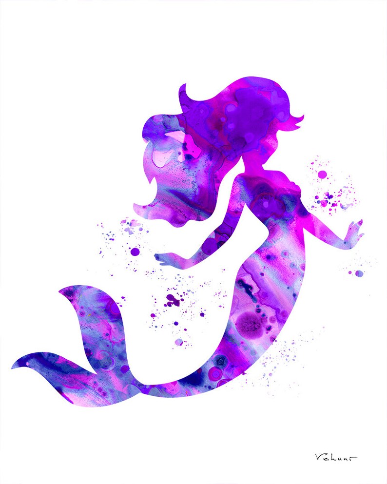 Purple Mermaid print Mermaid watercolor print Ariel print | Etsy