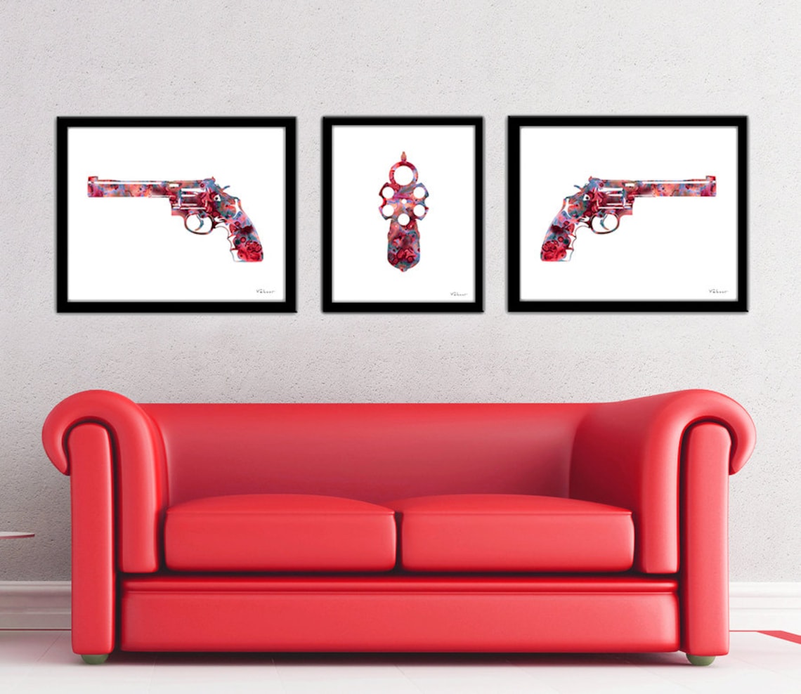 Revolver print set revolver silhouette art red revolver | Etsy