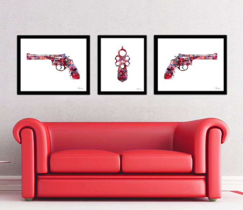 Revolver print set revolver silhouette art red revolver | Etsy