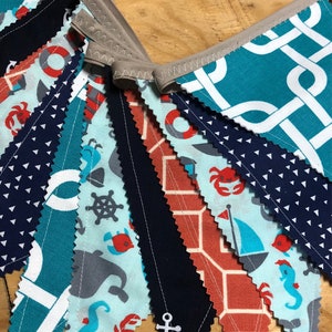 Nautical Banner Navy Coral Mint Fabric Bunting Rope Anchor Pennants ...