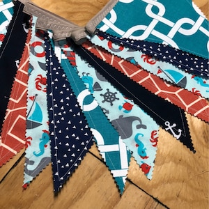 Nautical Banner Navy Coral Mint Fabric Bunting Rope Anchor Pennants ...