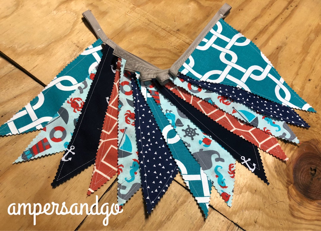 Nautical Banner Navy Coral Mint Fabric Bunting Rope Anchor Pennants ...