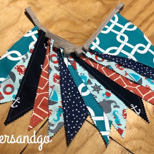 Nautical Banner Navy Coral Mint Fabric Bunting Rope Anchor Pennants ...