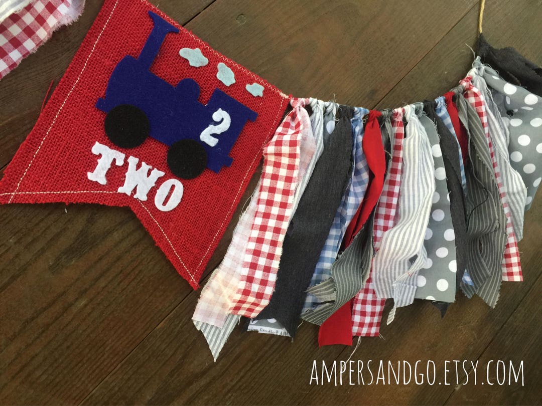 Blue Train Second Birthday Banner Preppy Little Man Party Fabric ...