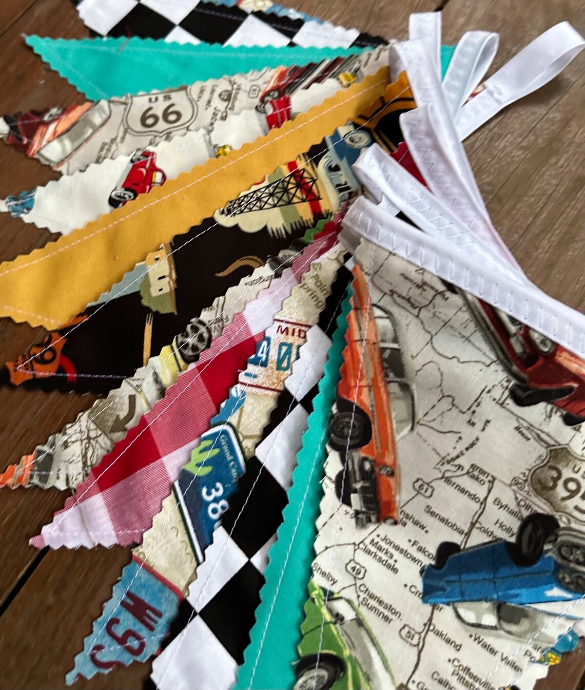 Vintage Car Route 66 Fabric Banner, Checkered Flag Bunting - Etsy