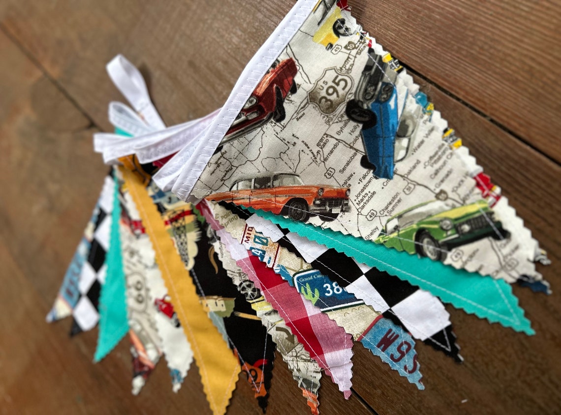 Vintage Car Route 66 Fabric Banner, Checkered Flag Bunting - Etsy