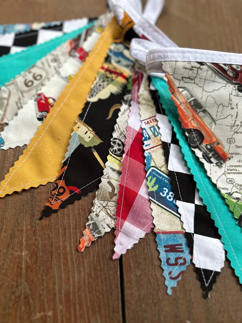 Vintage Car Route 66 Fabric Banner, Checkered Flag Bunting - Etsy