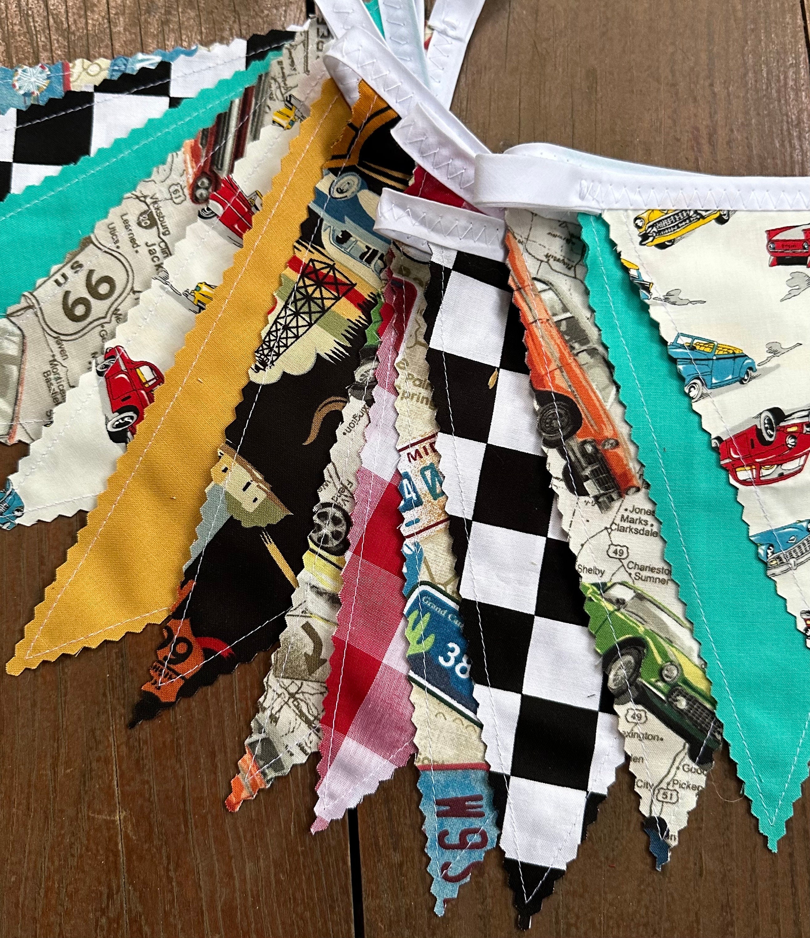 Vintage Car Route 66 Fabric Banner, Checkered Flag Bunting - Etsy
