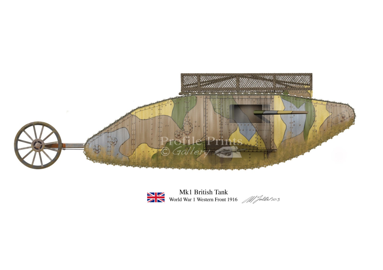 Mk1 British Vintage Tank 1916 Profile Artwork, A3 Glossy Print of First ...