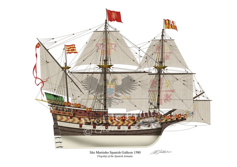 Spanish Galleon Sao Martinho 1580 Profile Artwork, A3 Print Warship ...