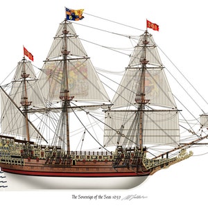 HMS Sovereign of the Seas 1637 Profile Artwork, A5 / A4 Glossy Print ...