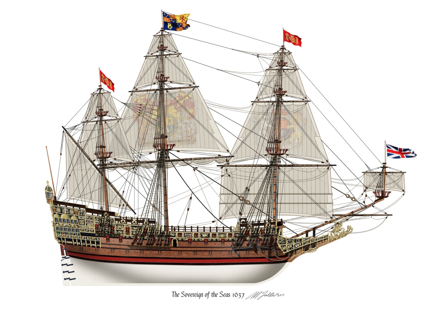 HMS Sovereign of the Seas 1637 Profile Artwork, A5 / A4 Glossy Print ...
