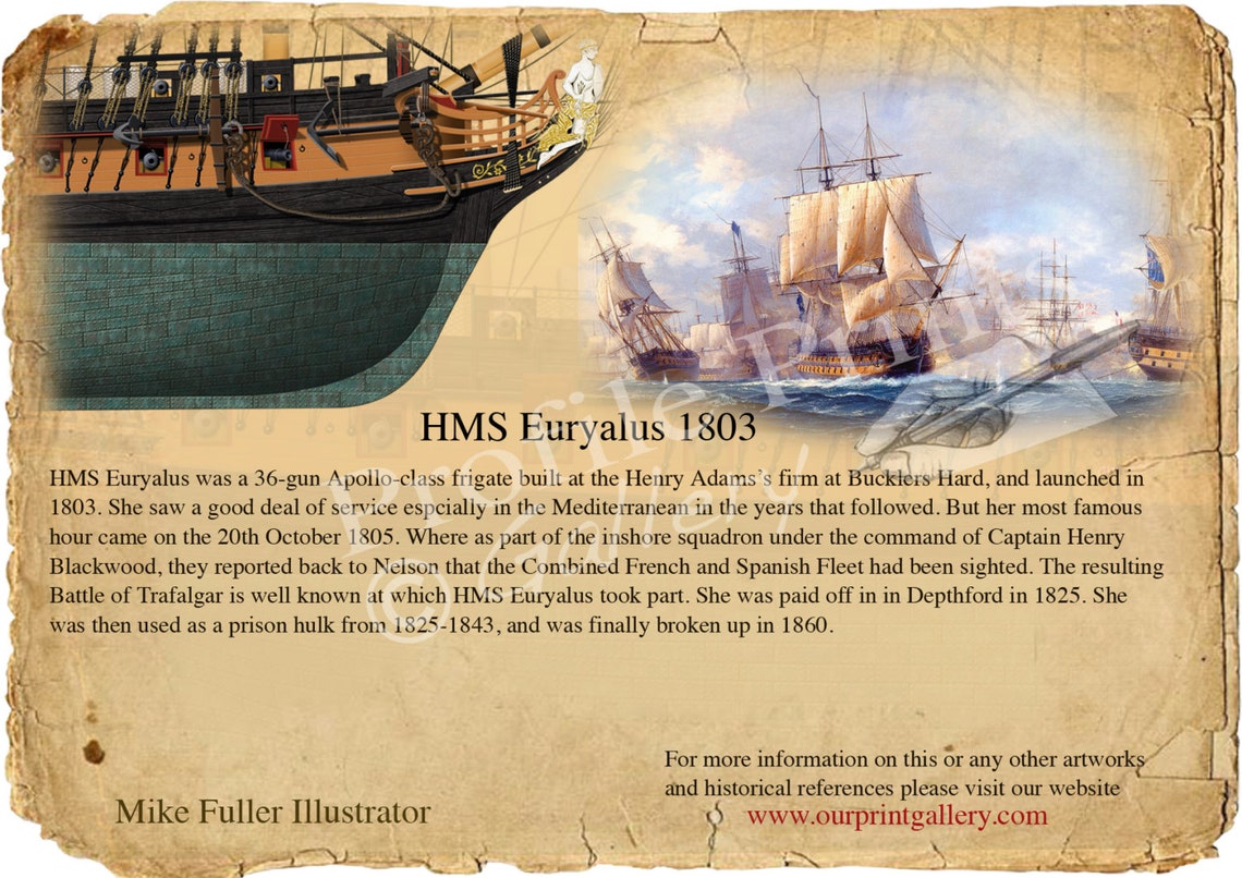 HMS Euryalus Vintage 36 Gun Frigate 1803 Profile Artwork, A3 Glossy ...