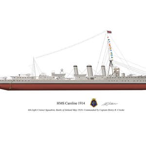 HMS Caroline 1914 Light Cruiser Profile Artwork A3 Print Signed First ...