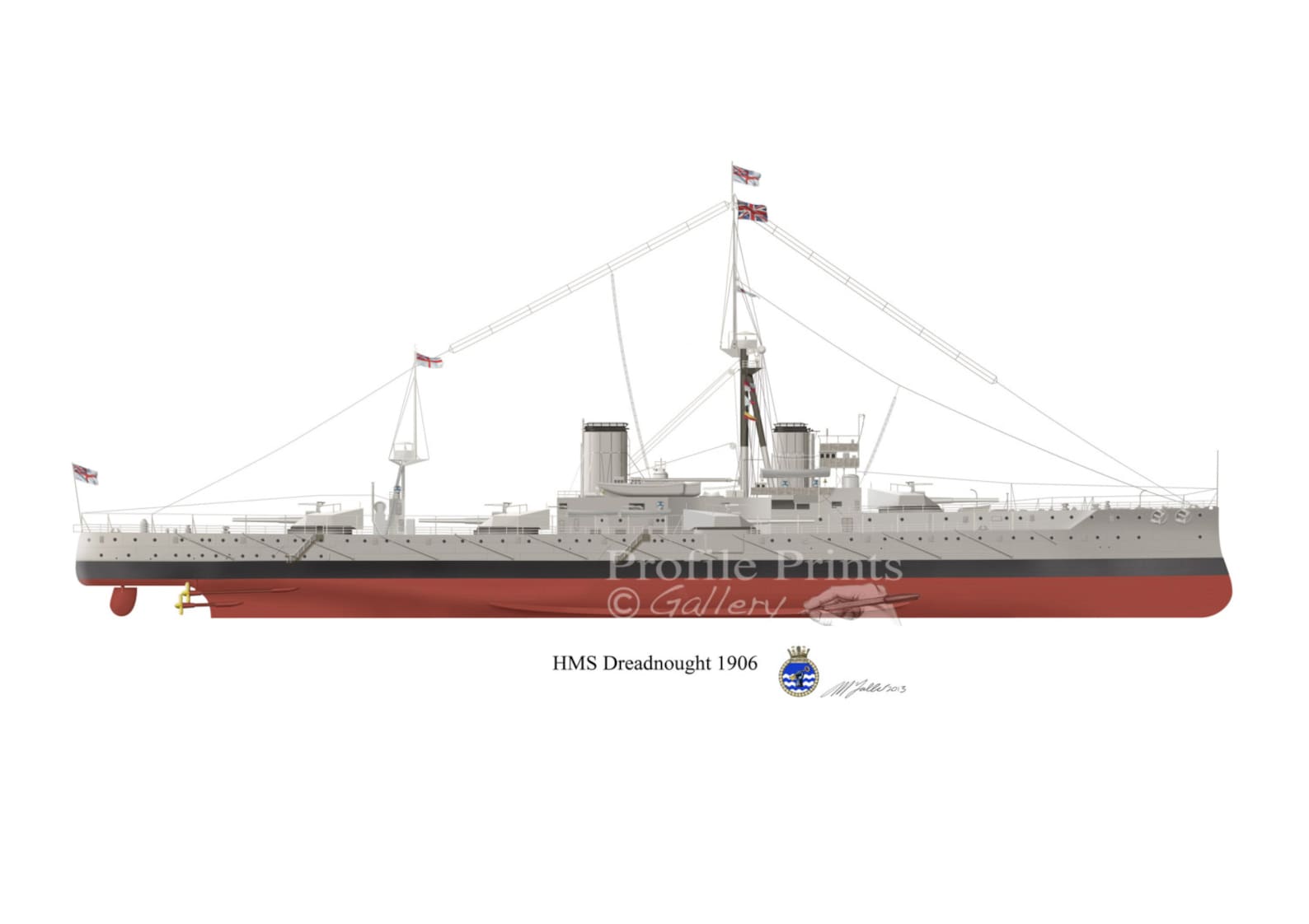 HMS Dreadnought 1906 Vintage Battleship Profile Artwork, A3 Print of ...